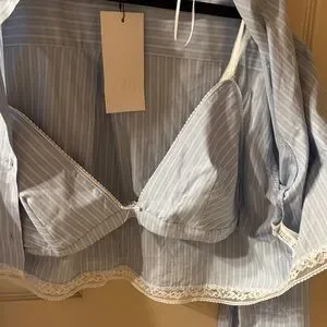Zara | Tops | Zara Light Blue Striped Cropped Shirt With Lace Trim ...